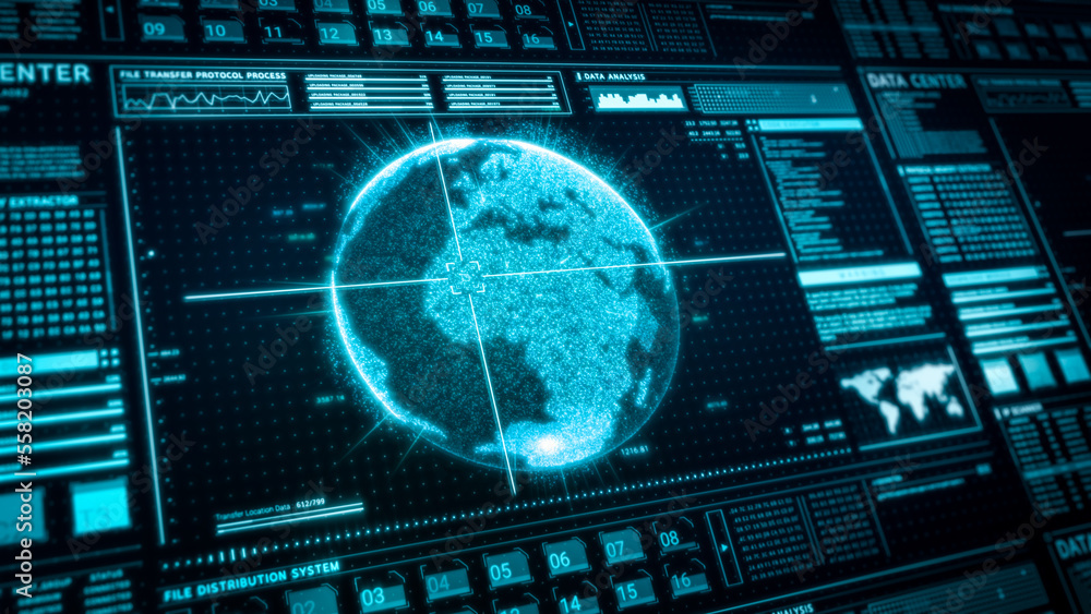 Futuristic digital cyber security data center user interface screen ...