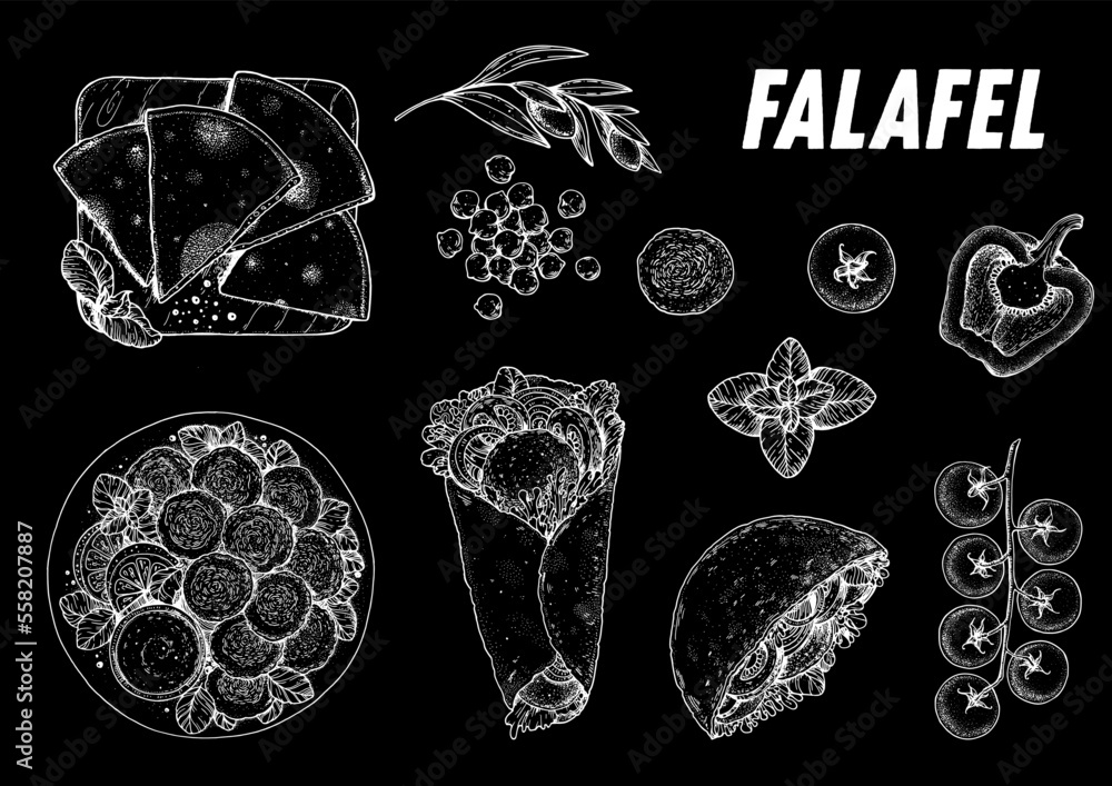 Falafel cooking and ingredients for falafel, sketch illustration ...