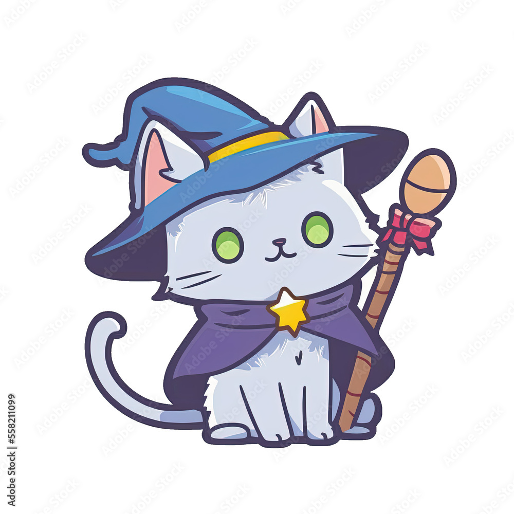 Cartoon cat wizard witch isolated on transparent background, Generative ...