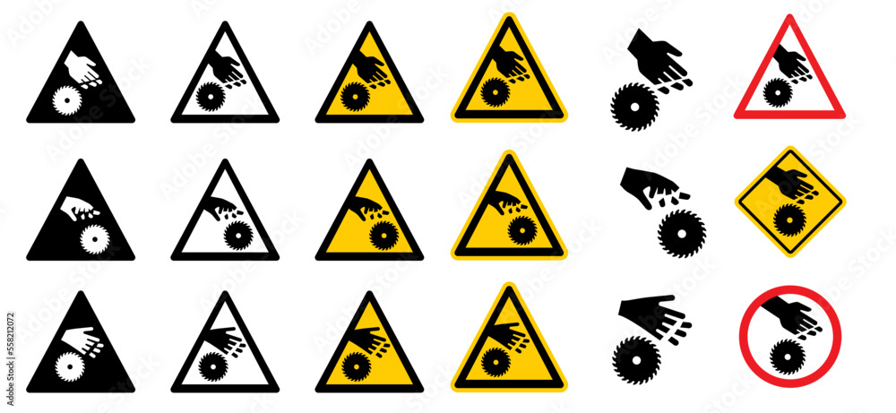 Vetor de Warning, stop sign. Cartoon circular saw blades icon or symbol ...