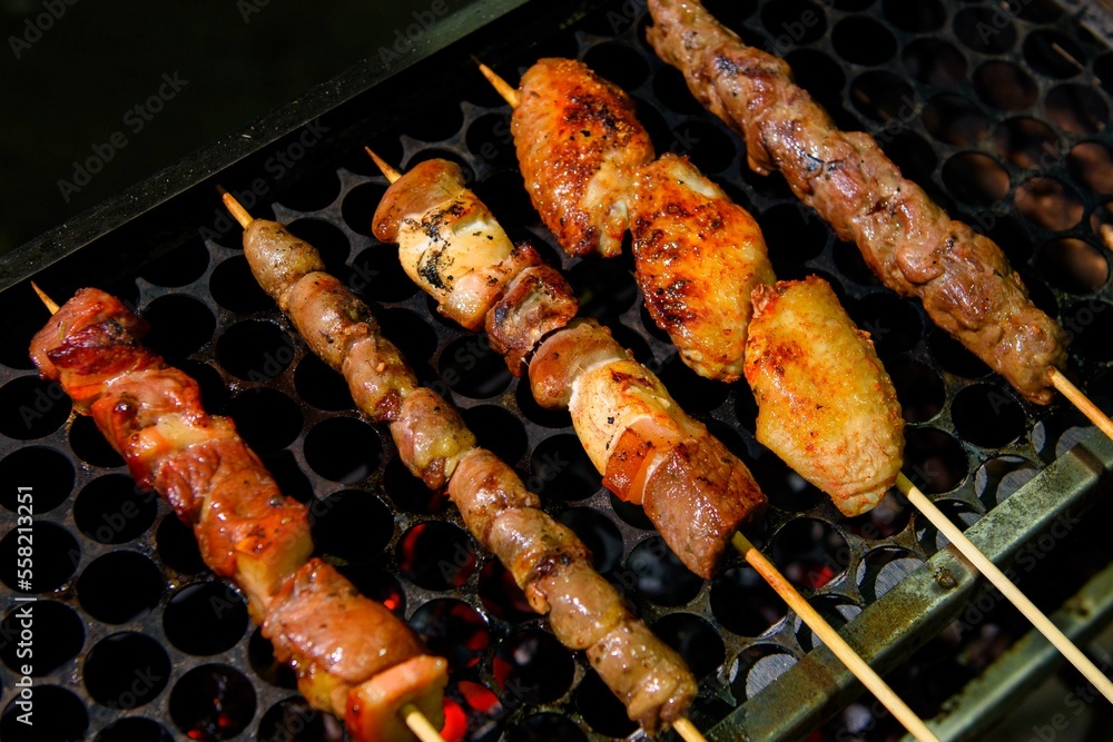 Churrasco, espetinho misto com carne, frango, bacon Stock Photo | Adobe ...