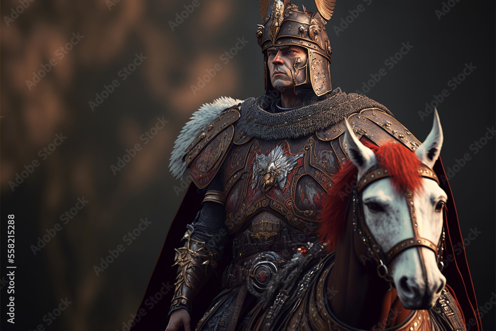 king on horseback waiting for battle, general in armor, rider on the ...
