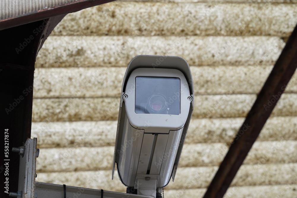 Close up view on industrial security CCTV Camera installed on metal ...