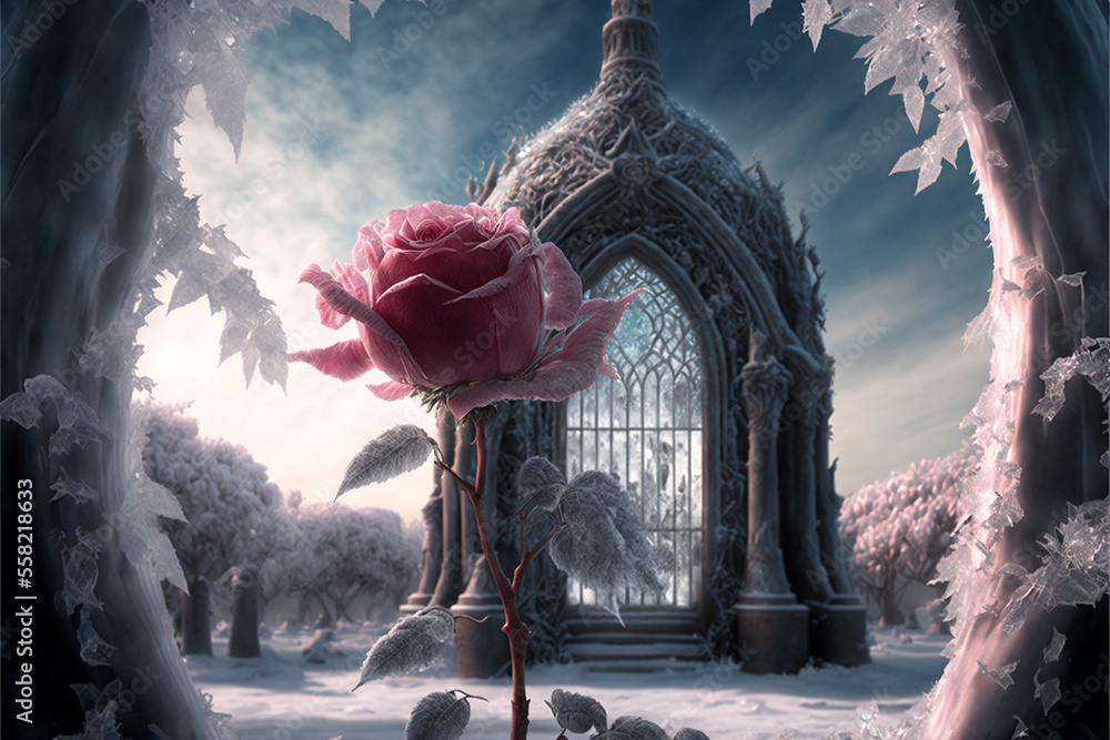 Roses draped with epic frost fantasy magical with gothic church ...