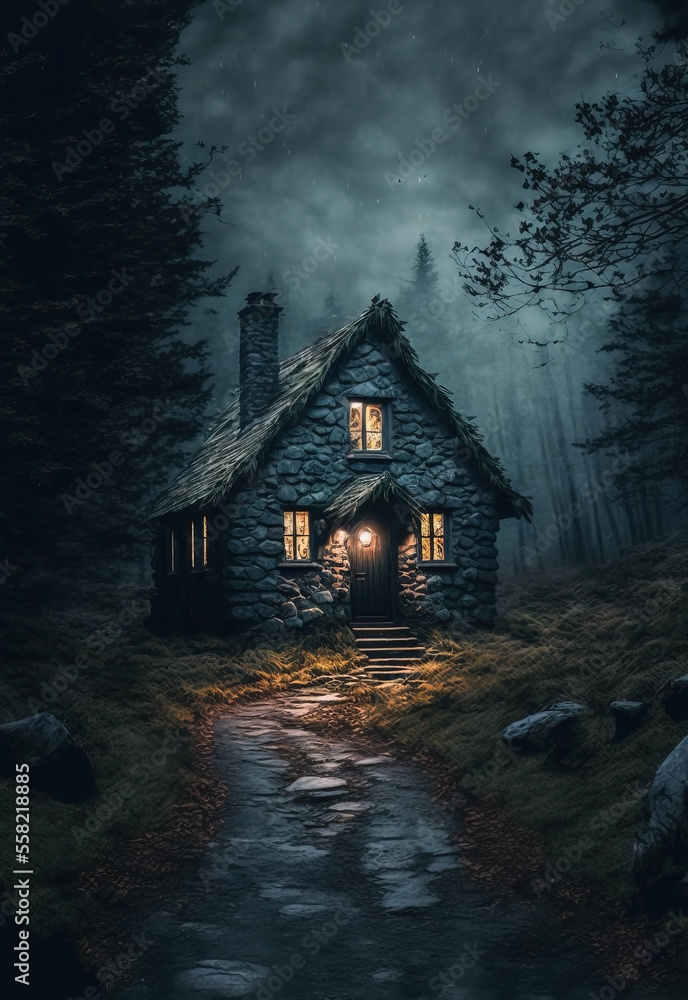 Small path leading to a dark stone cabin with wood roof. Haunted forest ...