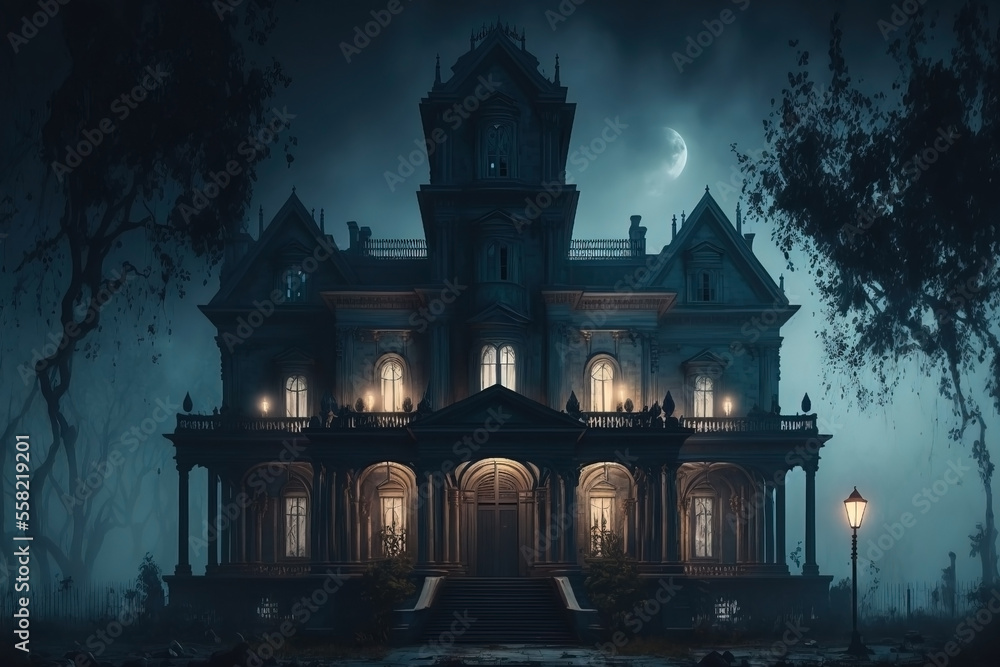 entrance to a large spooky three story mansion with a chimney and attic ...