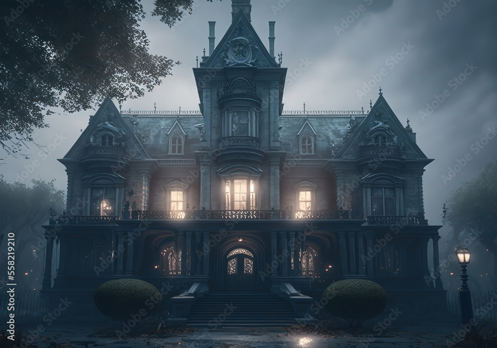 entrance to a large spooky three story mansion with a chimney and attic ...