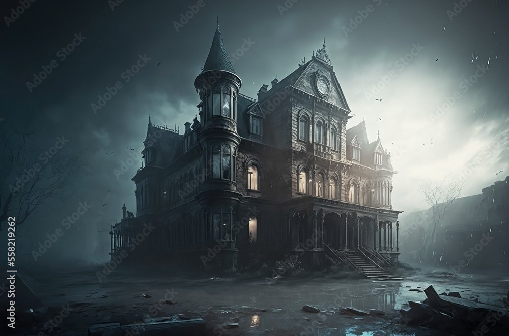 Abandoned Gothic House in the Rain. Haunted manor. Stormy gray horror ...