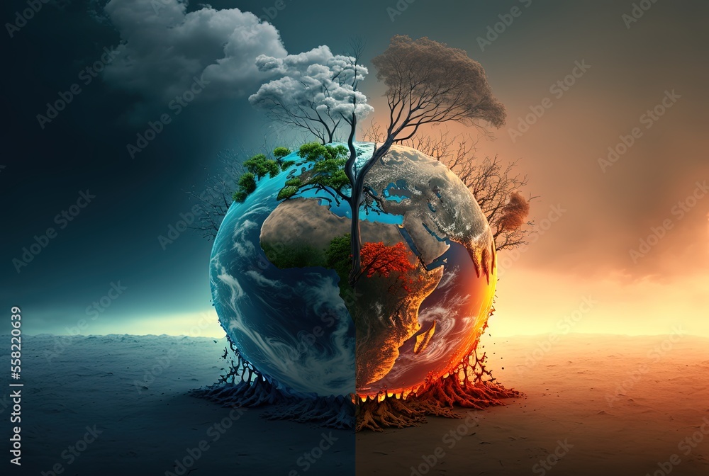 illustration of planet earth globe half side hell hot and a half freezing cold, idea for climate ...
