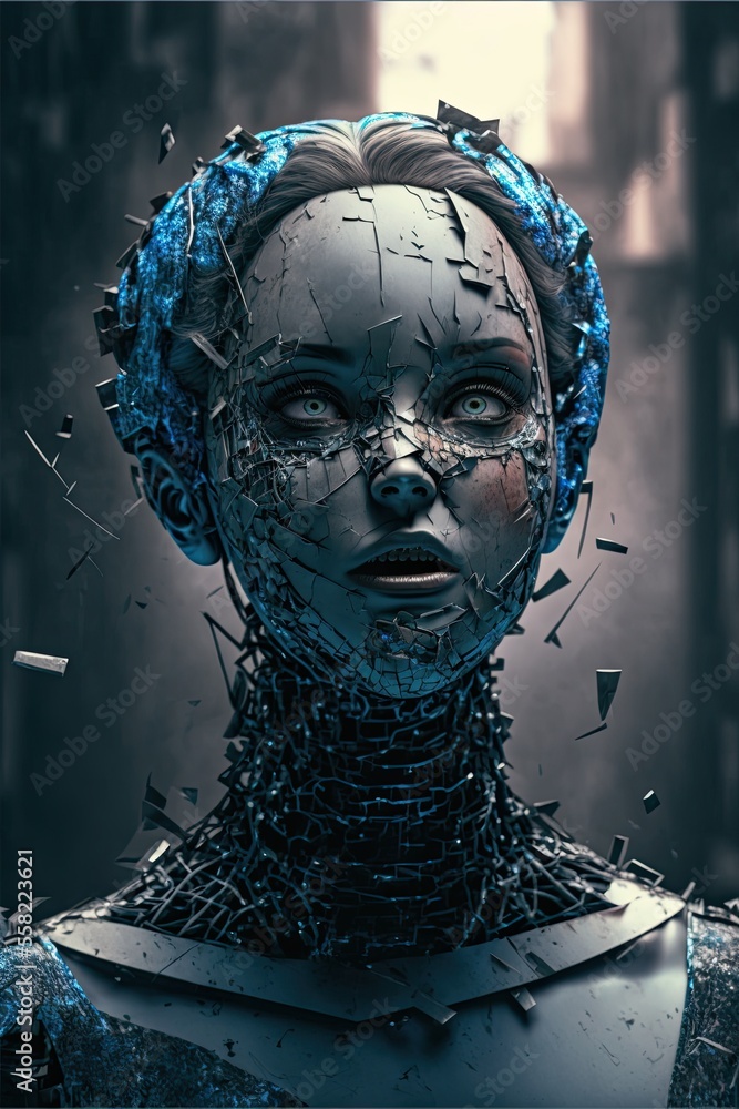 Broken early generation android lovedoll bot. Tattered, worn and ...