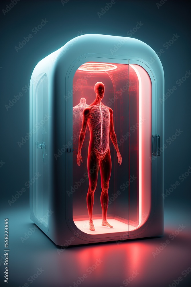 Human form anatomy, encased in high-tech medical pod, in a future ...