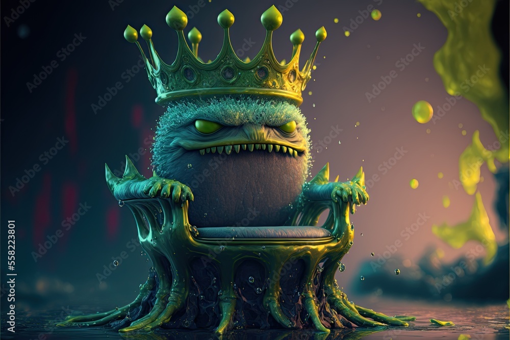 Slime creature king sits on his throne wearing a crown Stock ...