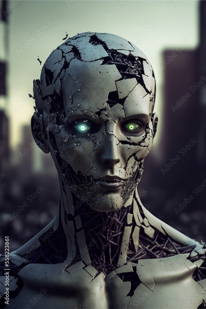 Sad broken android humanoid robot in the dystopian future. Generative ...