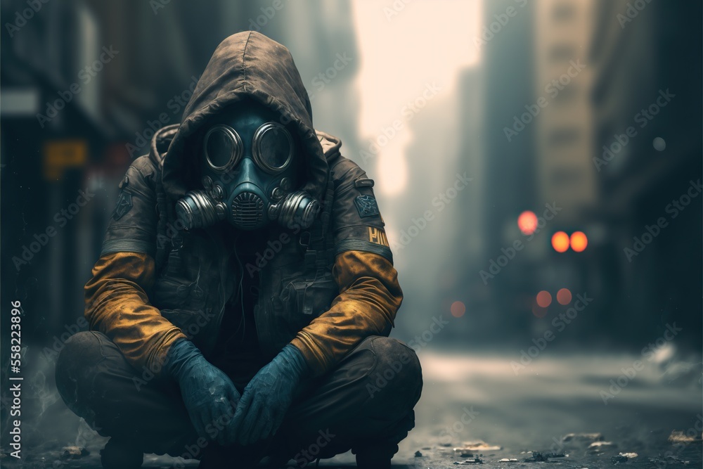 Homeless person in gas mask sitting down on the street at night in post ...