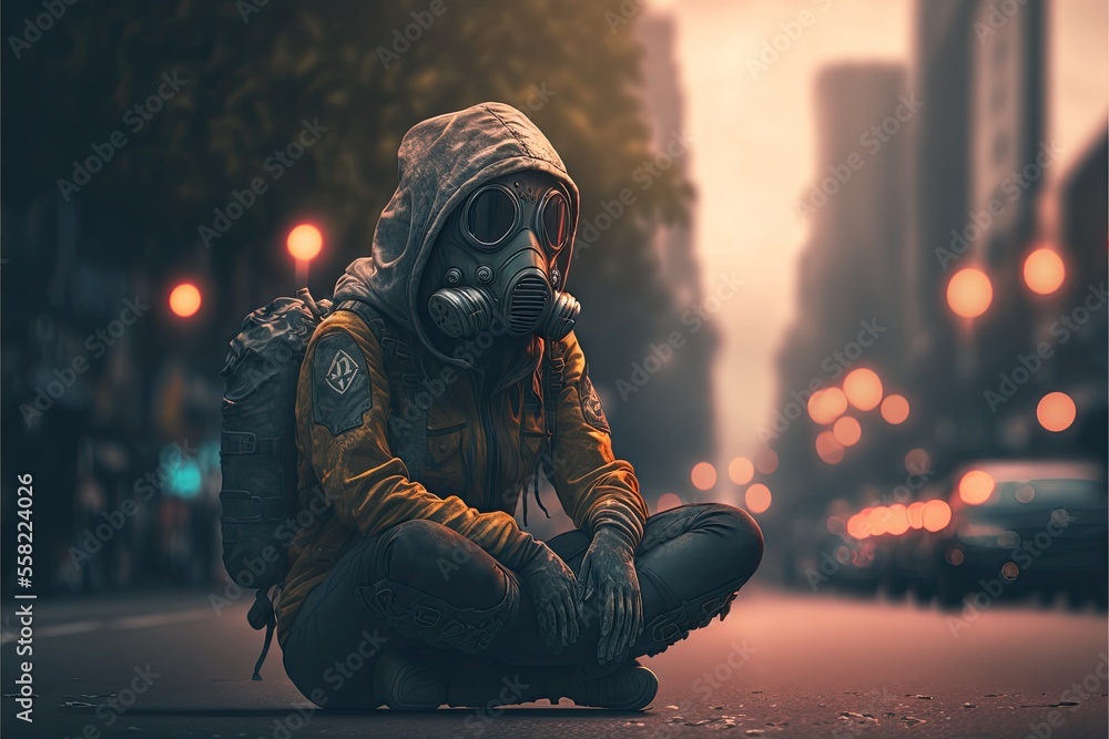 Homeless person in gas mask sitting down on the street at night in post ...