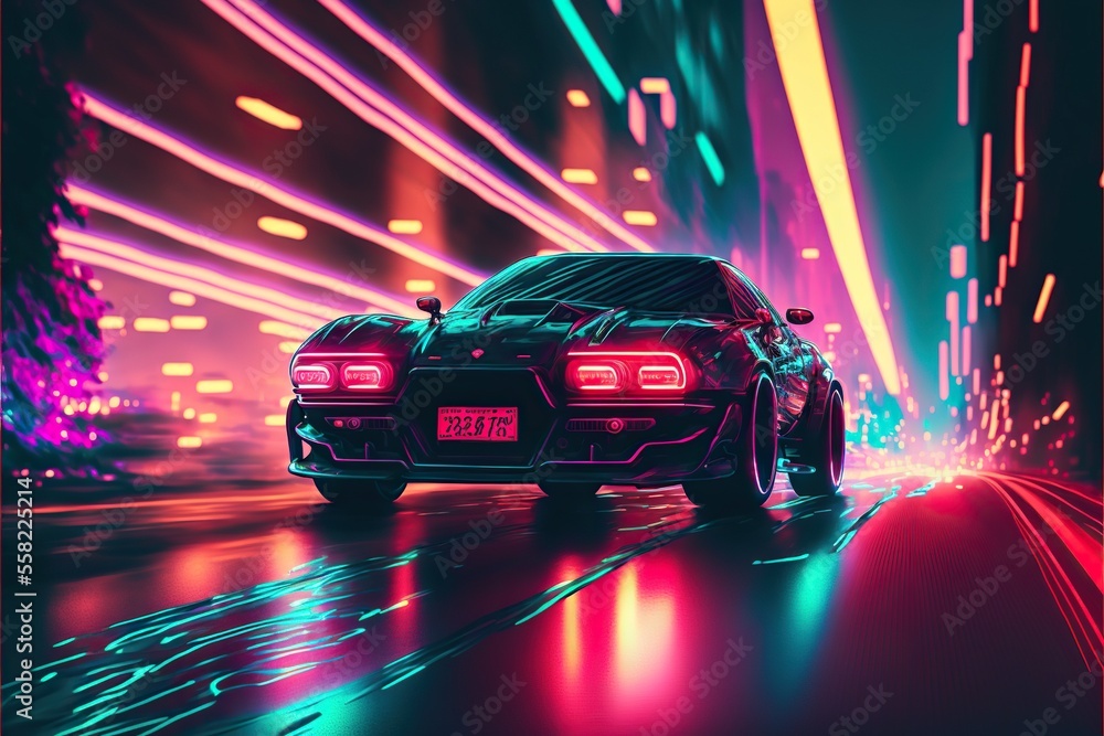 Sports cyber neon car rushes along the night road with neon lights at ...