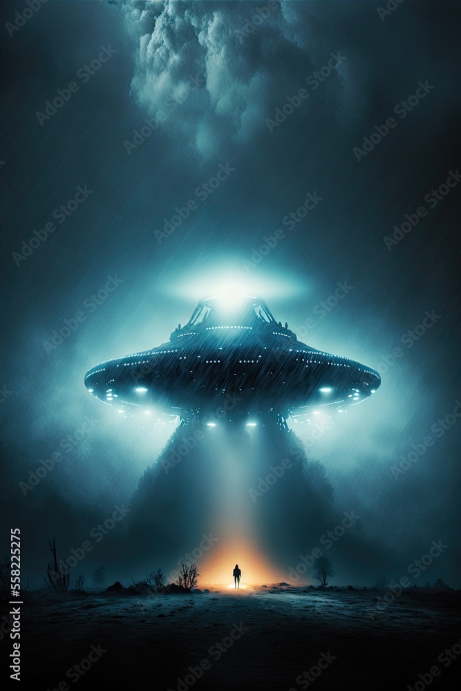 Glowing lights from UFO shines in the dark night. Aliens landing on ...