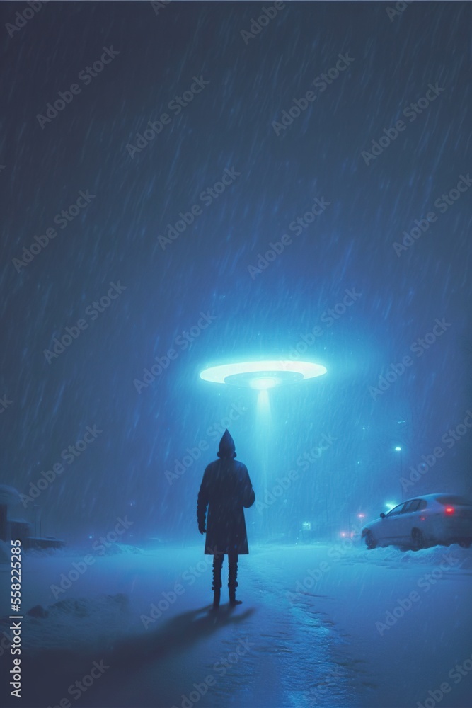 Glowing lights from UFO shines in the dark night. Aliens landing on ...