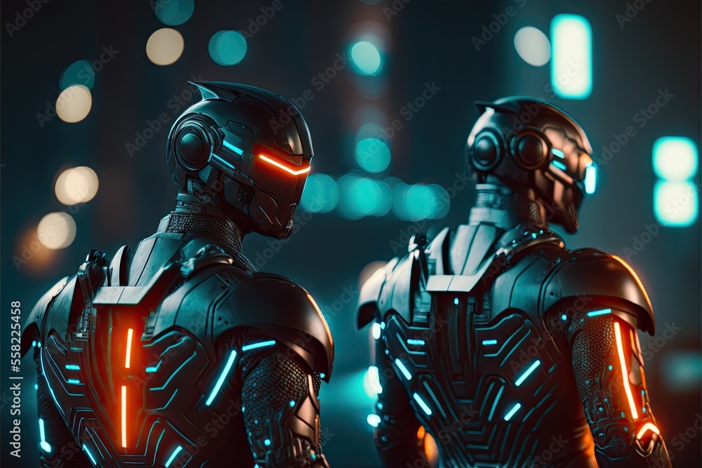 Futuristic neon soldiers on the street Stock Illustration | Adobe Stock