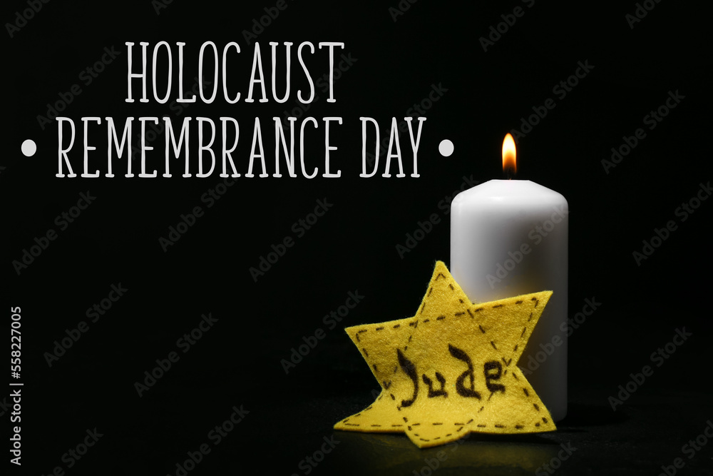 Burning candle and David star on dark background. Holocaust Remembrance ...