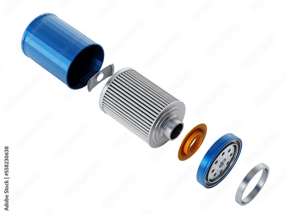 Spare new oil filter exploded perspective on transparent background ...