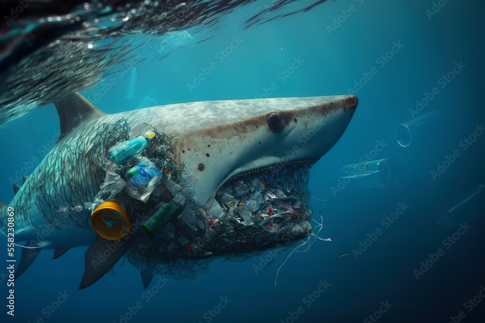 Dangers of Plastic Pollution for Sharks and Other Marine Life. Stock ...