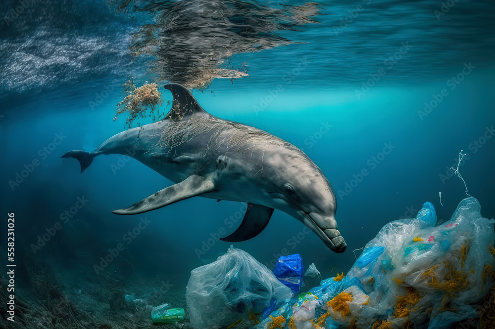 Poster Dolphin Struggles to Survive in Polluted Ocean, Plastic Waste ...