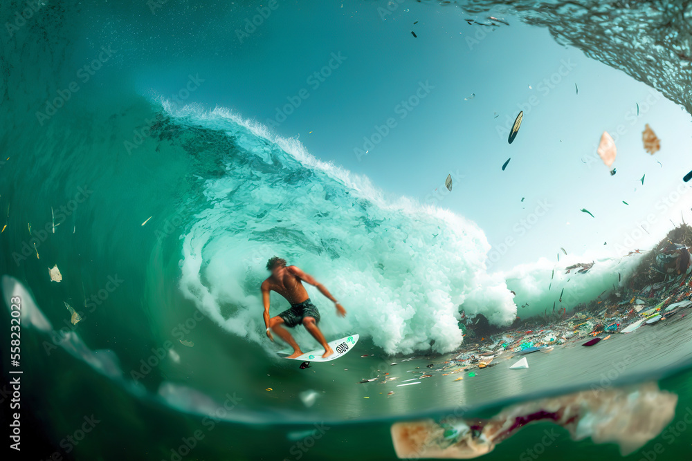 Tragic Reality of Plastic Pollution, a Surfer's Encounter with Debris in the Ocean. ilustración ...