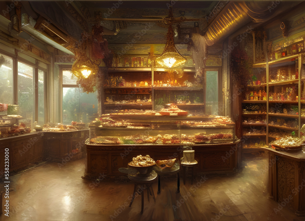 The interior of an old-fashioned cake shop with pastries and cakes ...