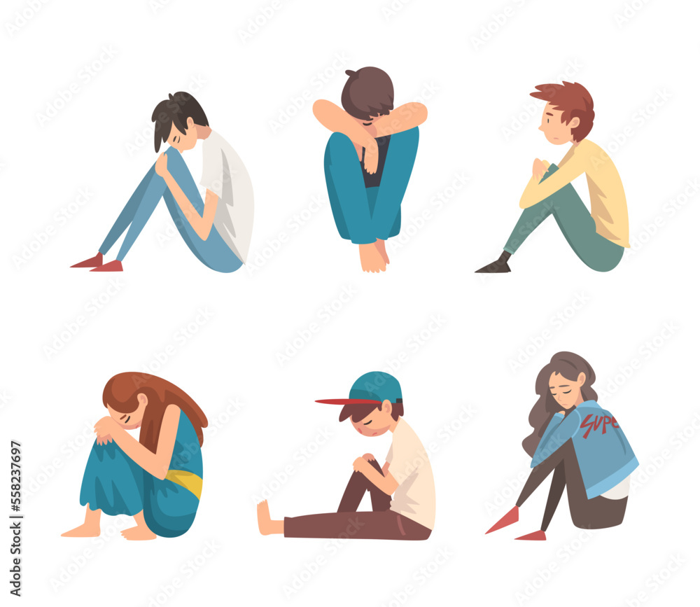 Depressed teenagers sitting on floor set. Unhappy stressed teenage boys ...
