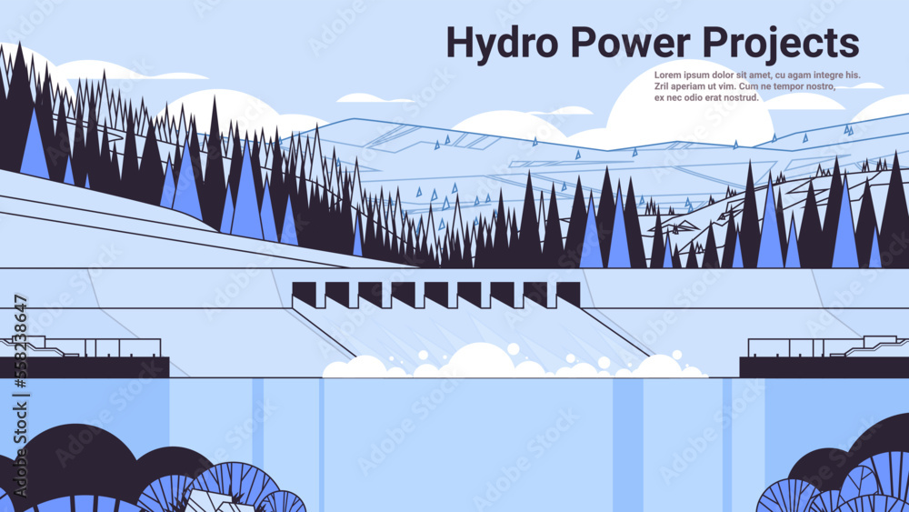 Hydroelectric power production station water spills over the top of dam ...