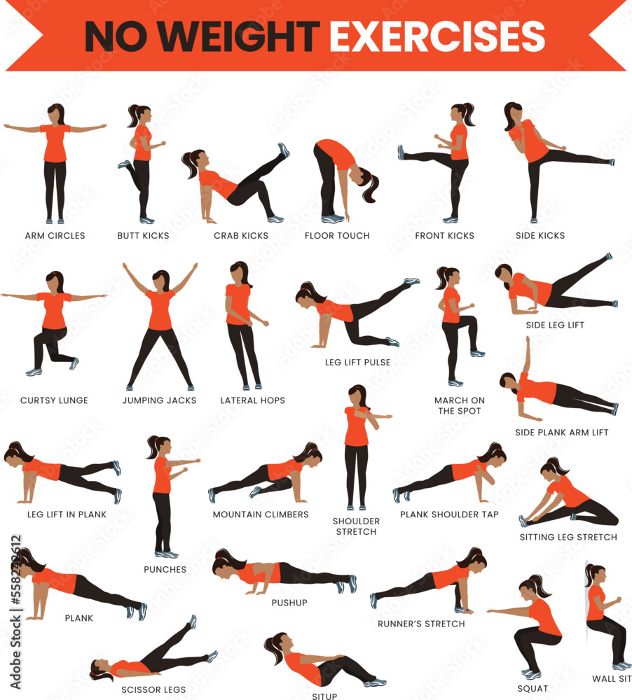 No Weight Fitness Exercises for Body Weight Strength Training Stock ...