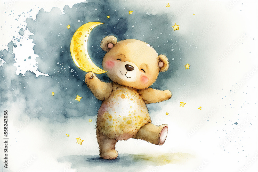 Teddy bear dancing under a Crescent moon with stars watercolor ...