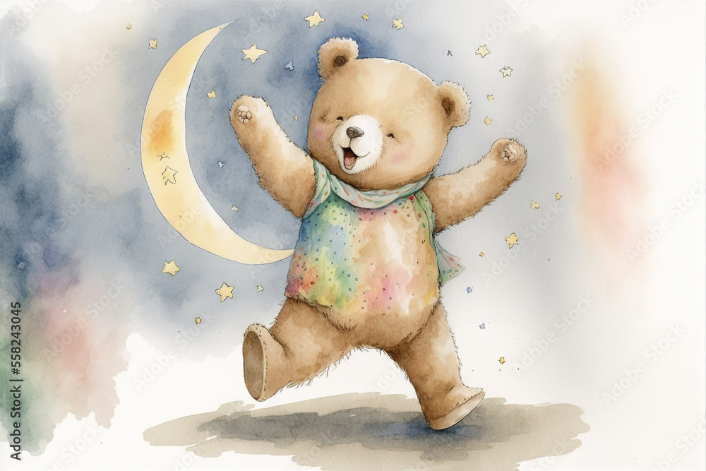 Teddy bear dancing under a Crescent moon with stars watercolor ...
