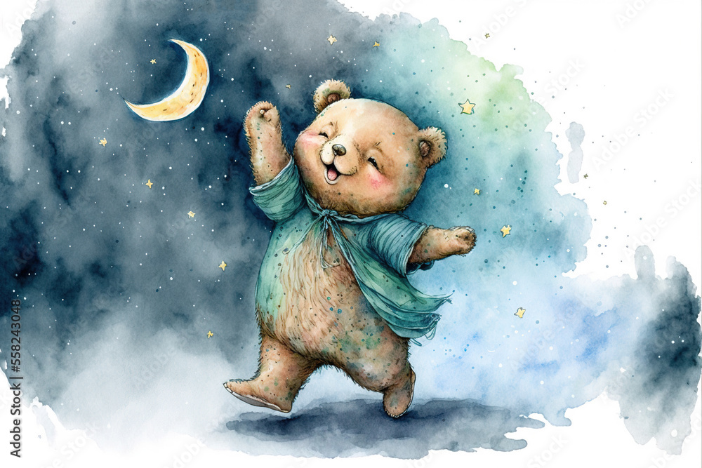 Teddy bear dancing under a Crescent moon with stars watercolor ...