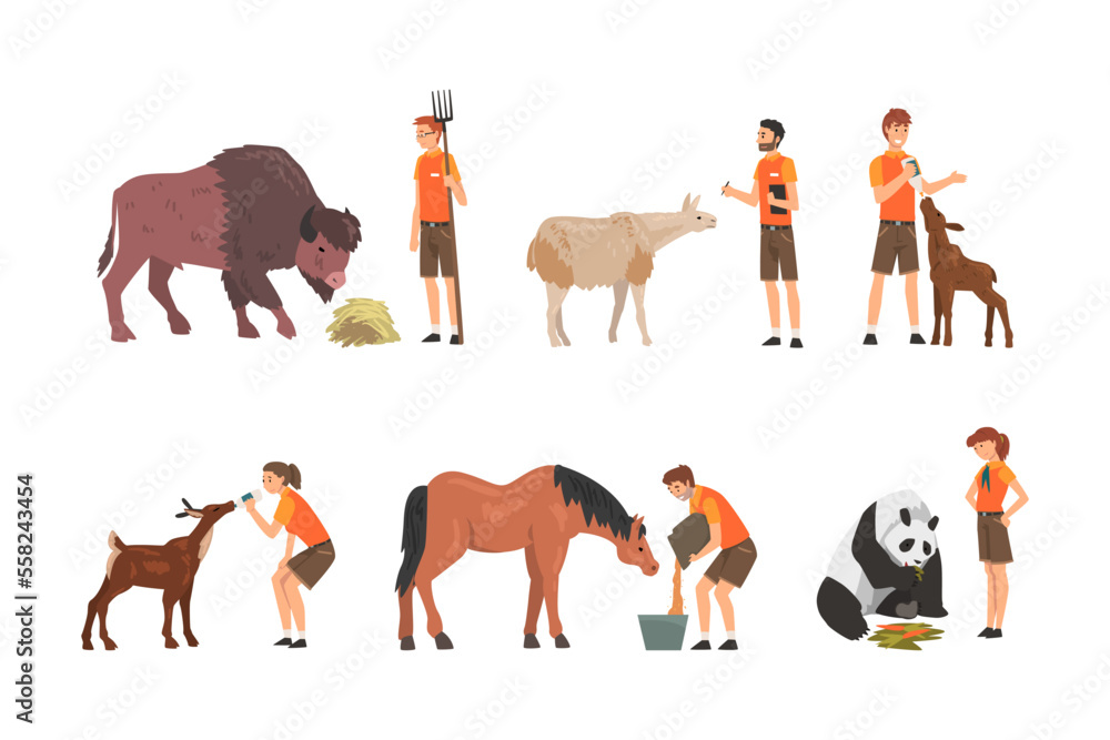 Professional zoo workers caring of animals in zoo set. Veterinarian in ...