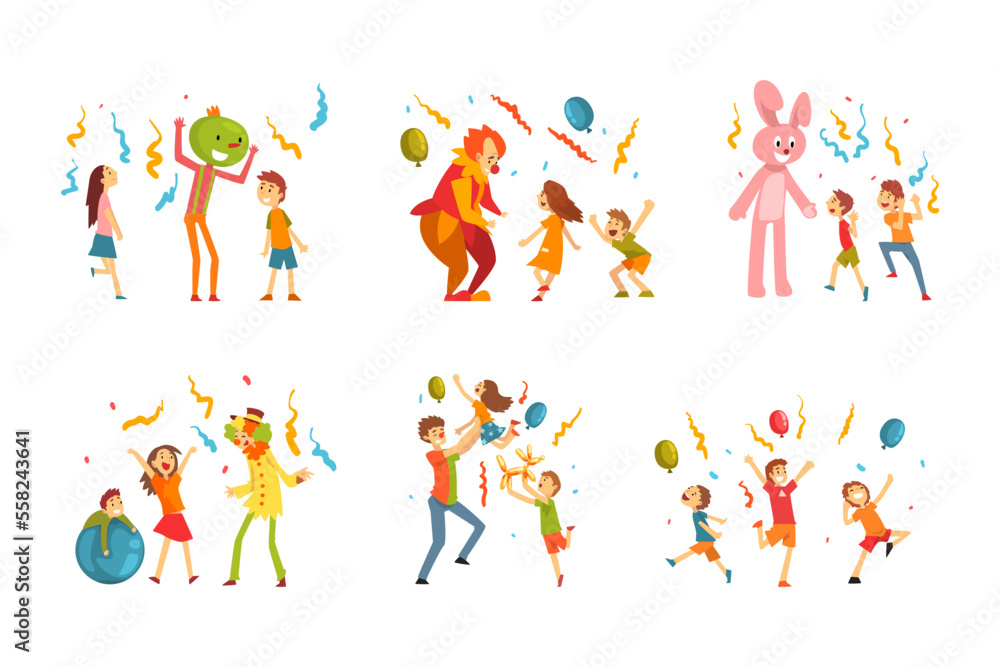 Actors in funny costumes entertaining kids at birthday party set. Happy ...