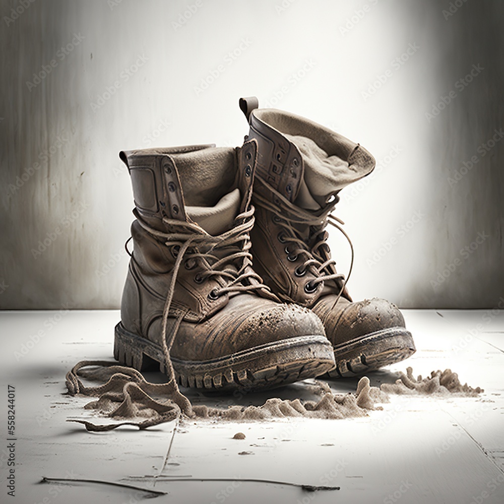 Dirty boots with a lot of sand and mud stand on a clean white floor ...