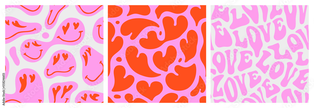 Set of retro psychedelic love seamless pattern for valentine's day ...