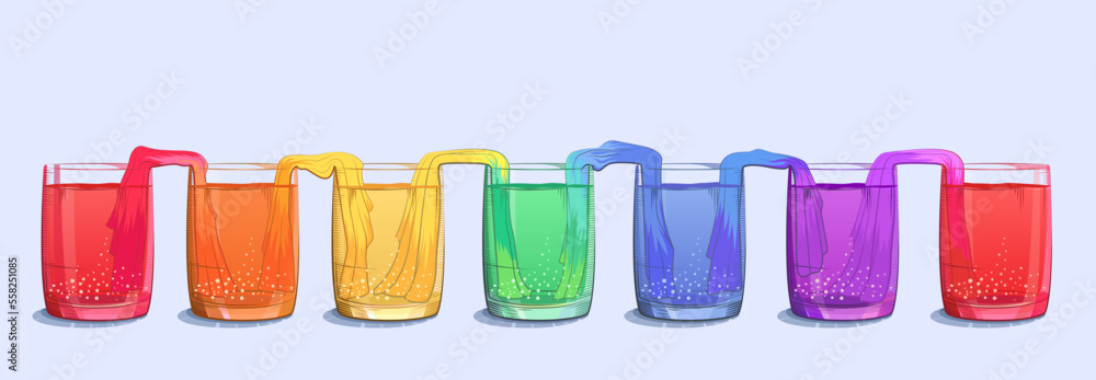 Mixing colors in a glass of water. Vector illustration. The paint moves ...