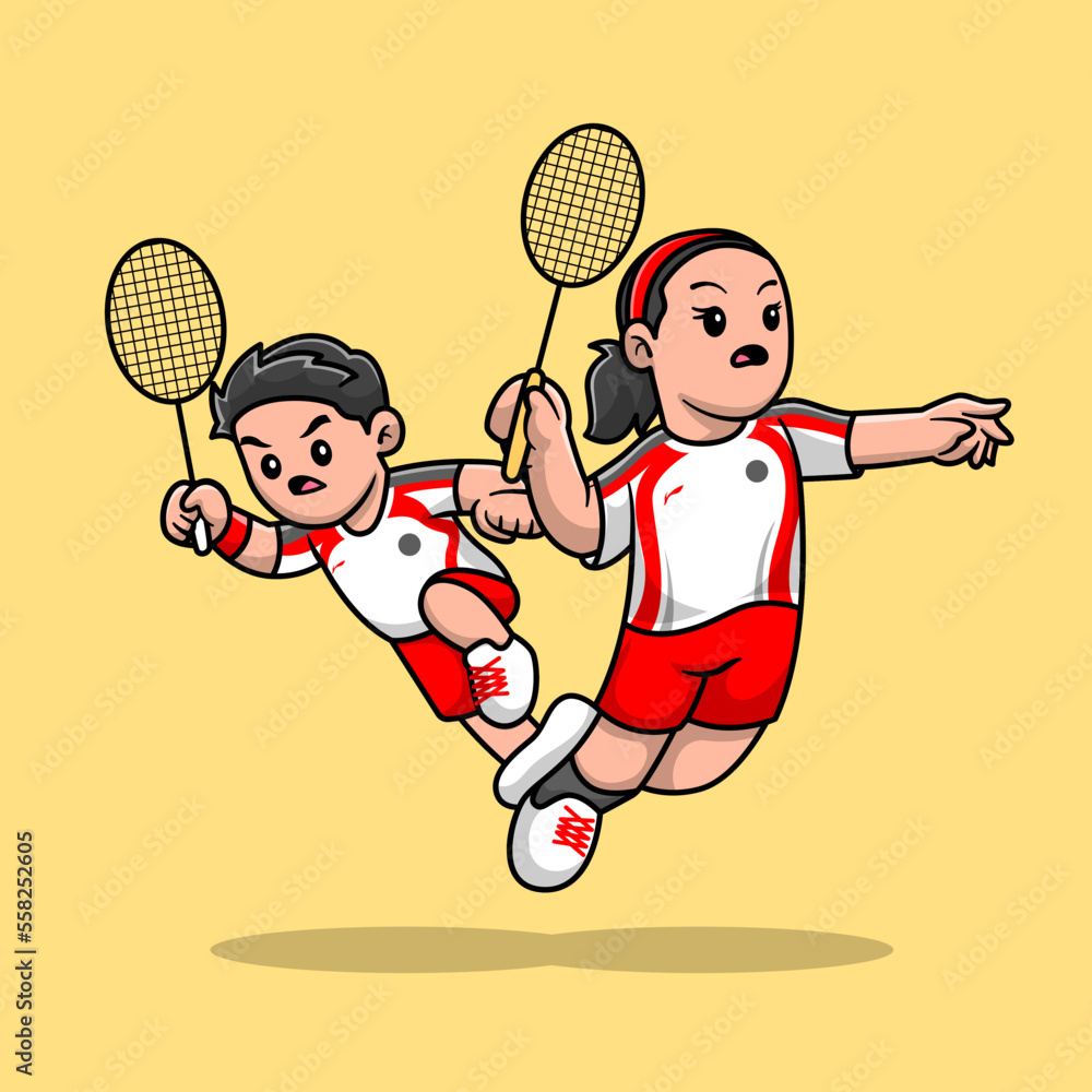 Cute Boy And Girl Playing Badminton Cartoon Vector Icon Illustration ...