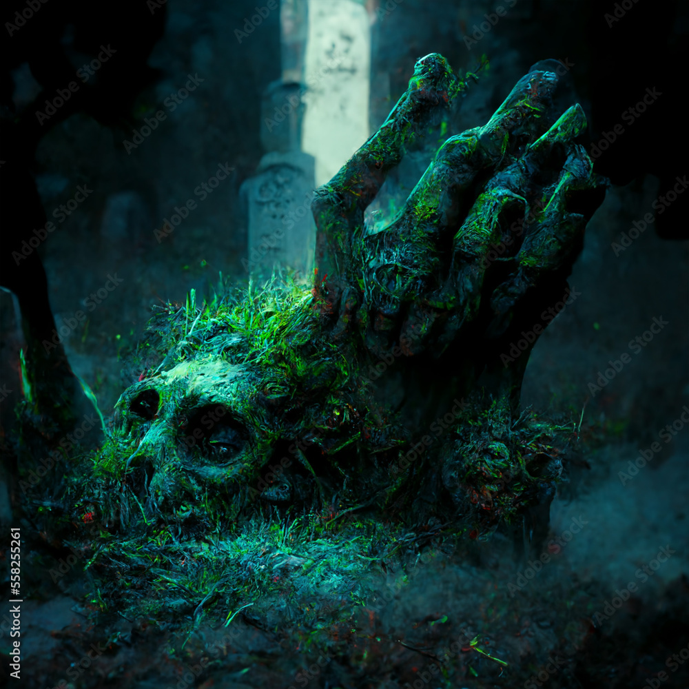 Zombie hand fused to the head and covered with moss sticking out of the ...