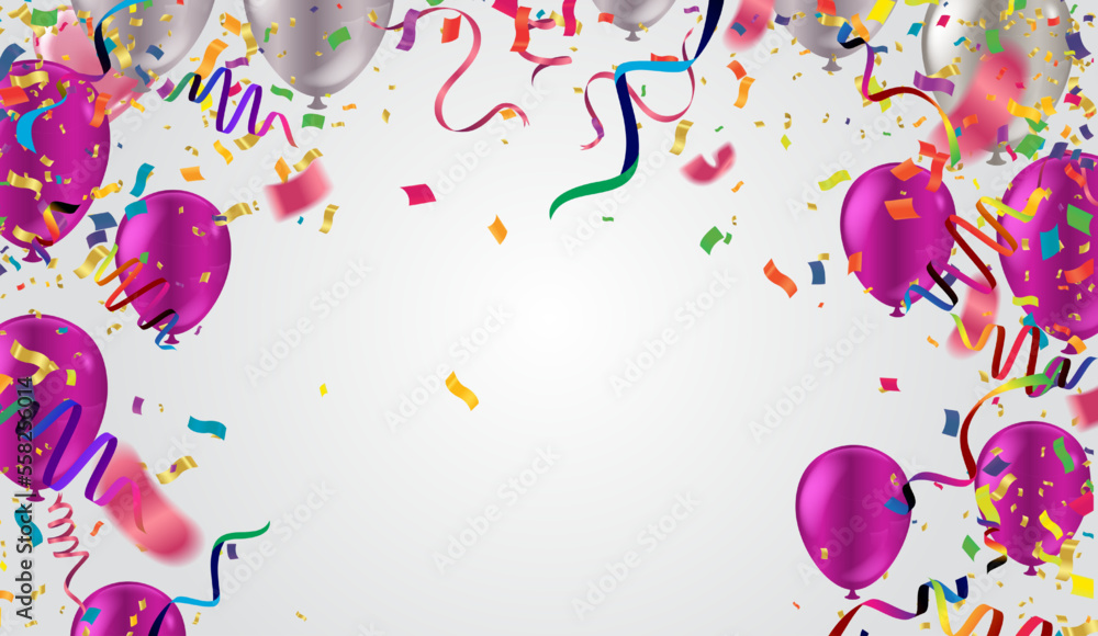 Colorful birthday balloons and confetti on sky background, illustration ...