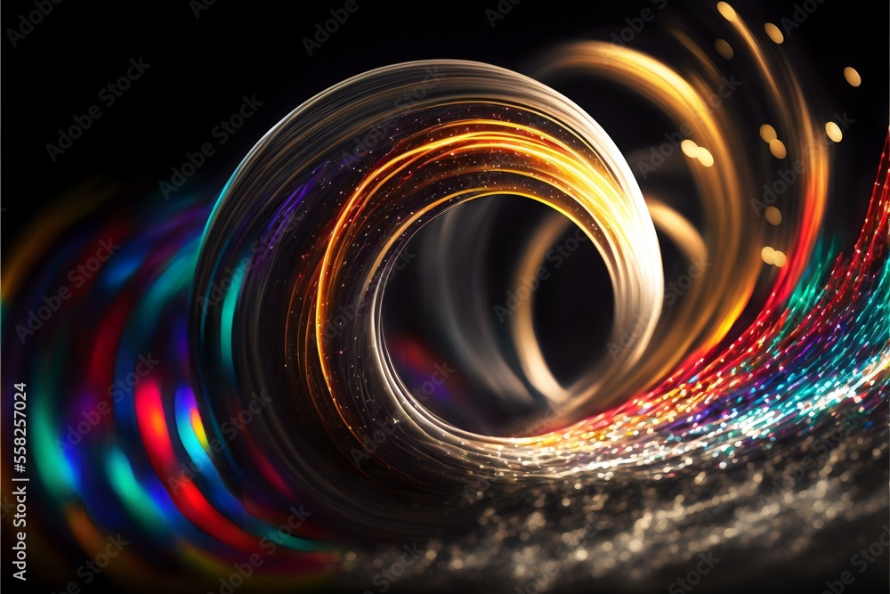 colourful light display, with the beams of light swirling and ...