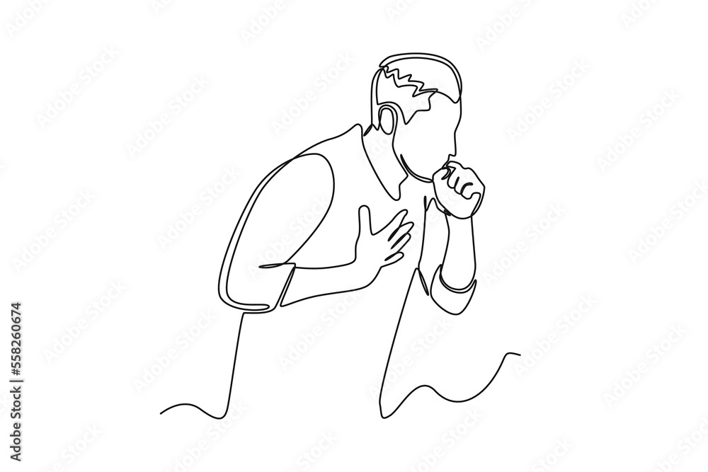 Single one line drawing Sick man coughing over his hand. Sick people ...