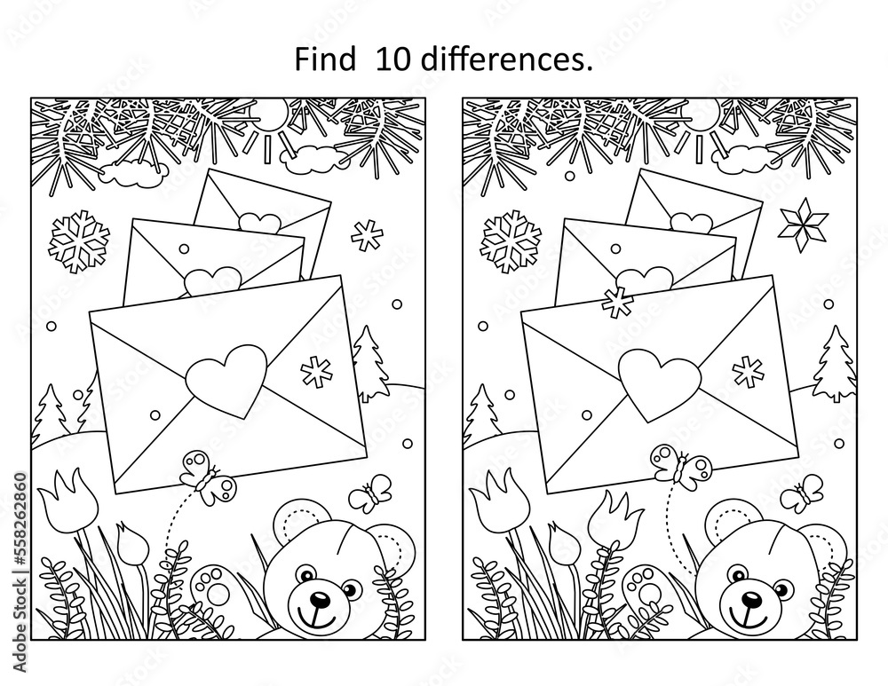 Valentine's Day difference game and coloring page with teddy bear ...