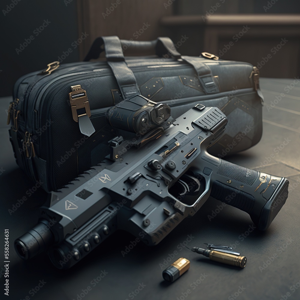 Black Firearm in front of tactical bag, created with Generative AI ...