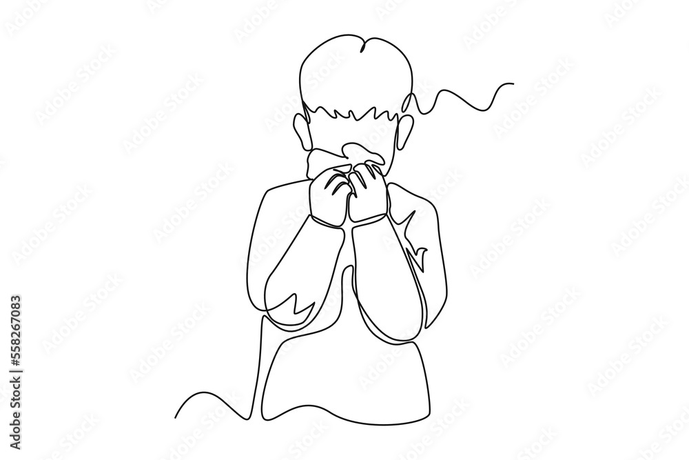 Continuous one line drawing Little boy blowing nose into tissue paper ...