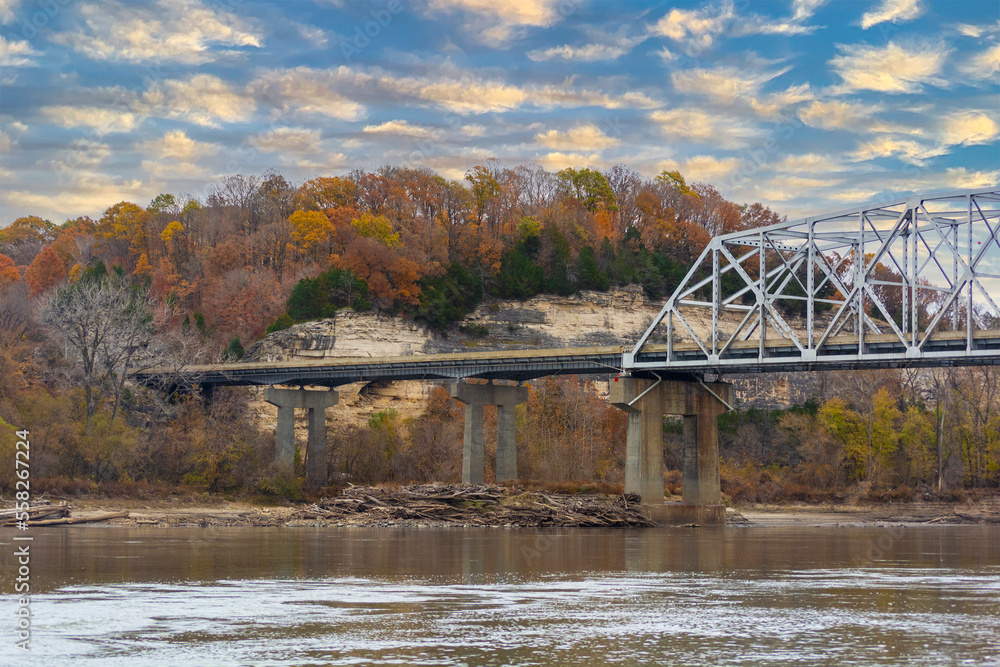 Interstate 70 Highway Truss Bridge Over the Missouri River with Bluffs ...