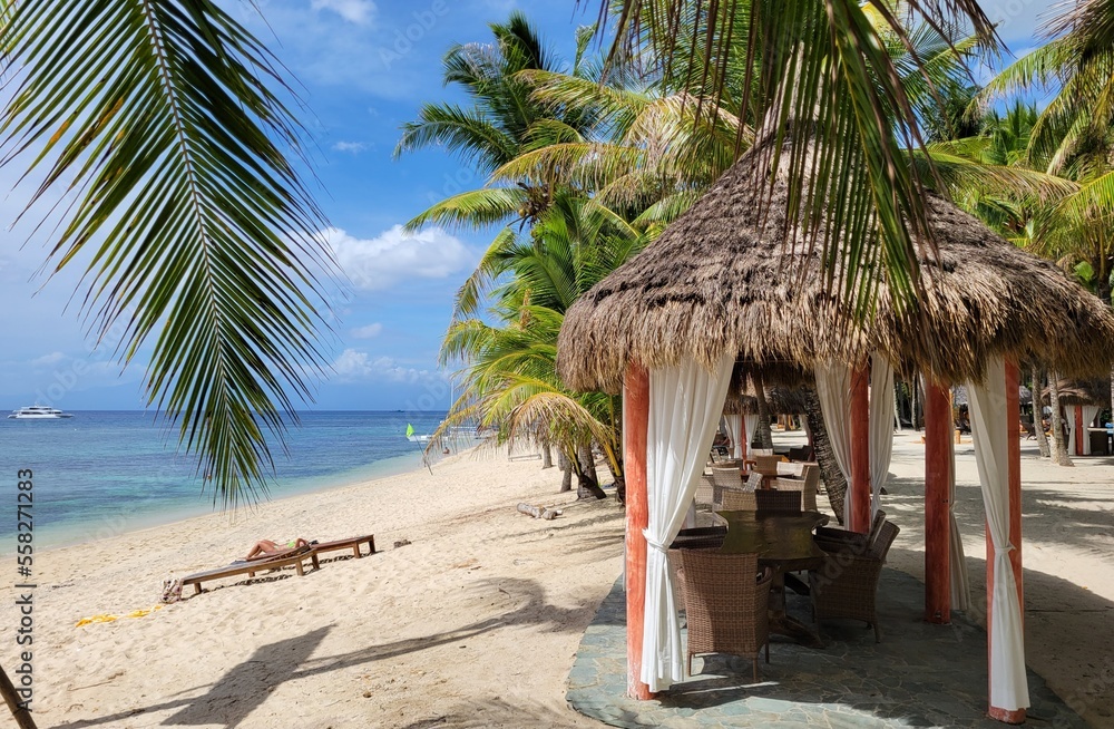 Small beach hut on tropical beach - Siquijor Island, Philippines Stock ...